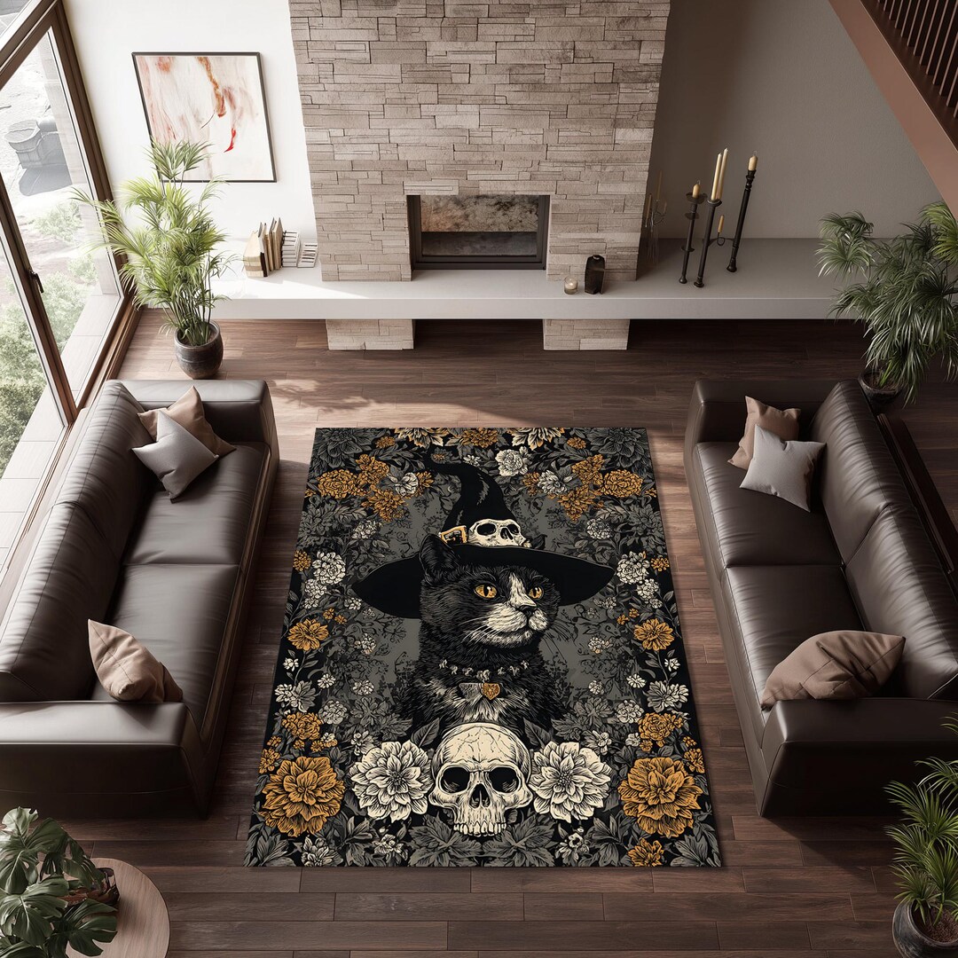 Witch Cat Rug, Gothic Black Halloween Carpet With Skulls and Flowers ...