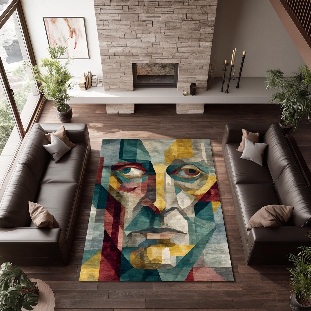Cubist Abstract Face Rug, Modern Geometric Art Carpet, Color Block ...