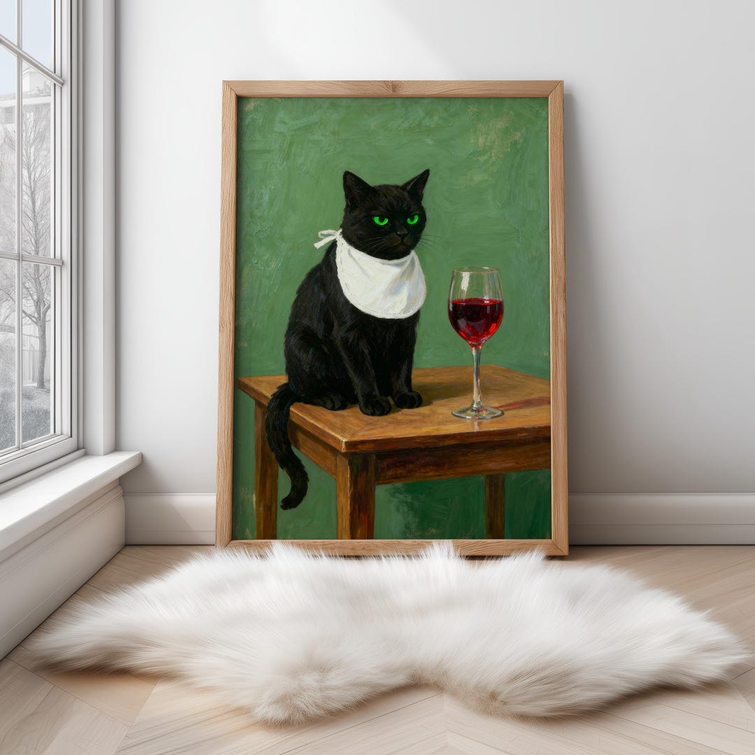 Moody Black Cat Red Wine Poster, Vintage Poster, Digital Print, Wall ...
