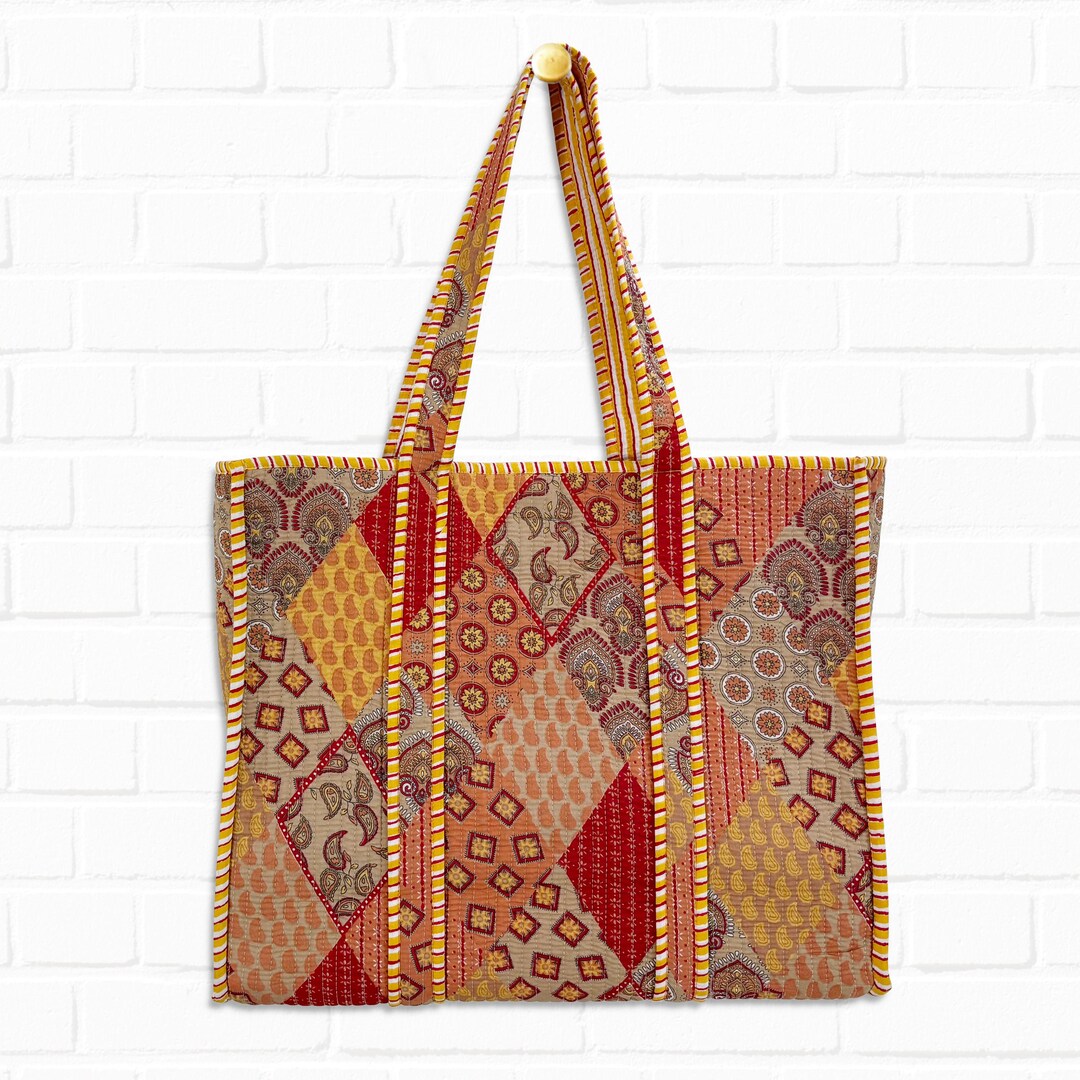 Quilted Tote Bag: Hand Block Print, Soft Organic Cotton, Large Sturdy ...