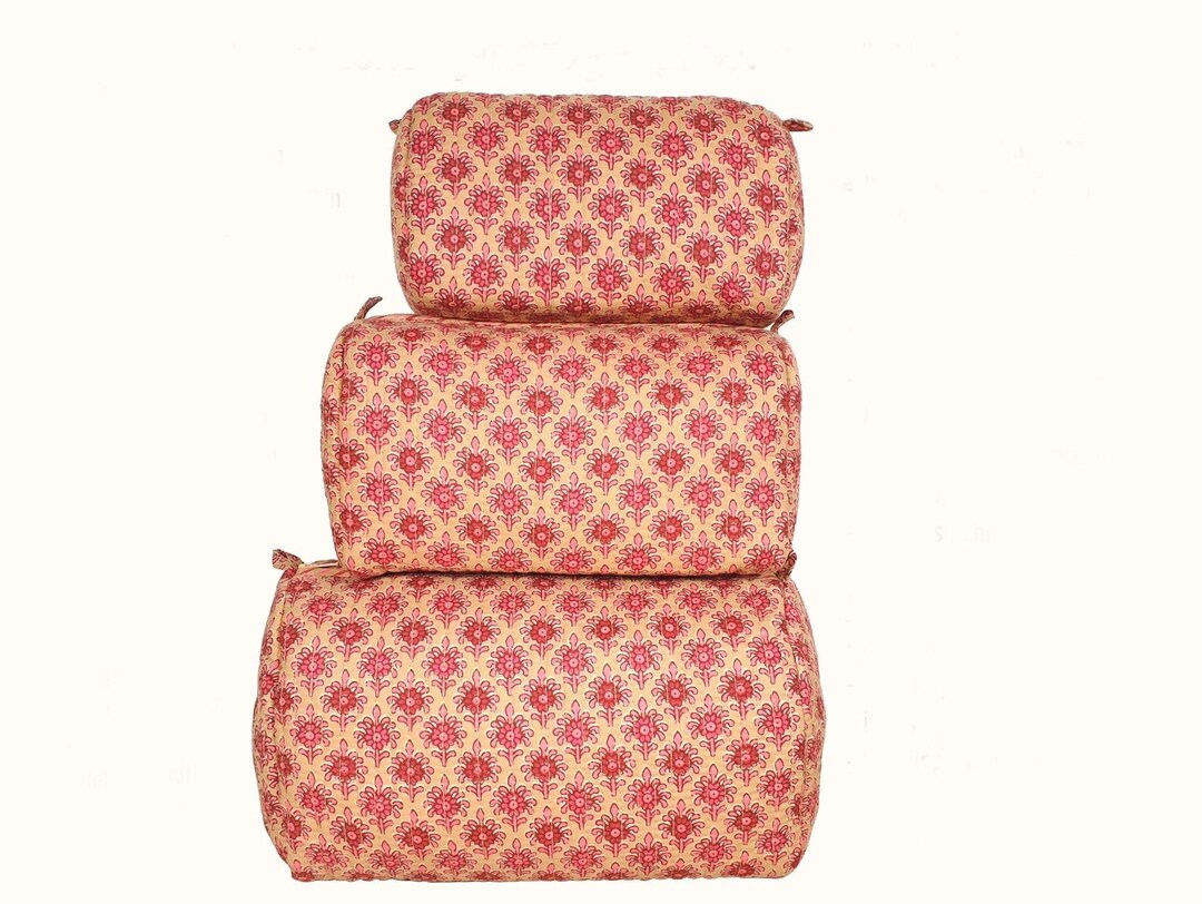 Toiletry Bag: Hand Block Print, Soft Cotton, Floral Beige & Pink ...