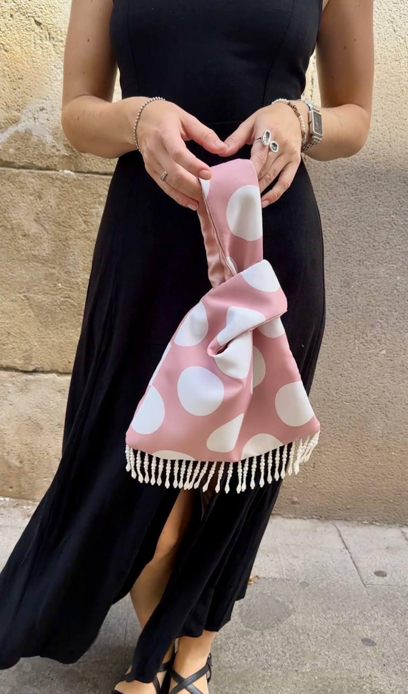 Japanese Knot Bag with Pearl Bead Fringe, Pink Satin Polka Dot Purse ...