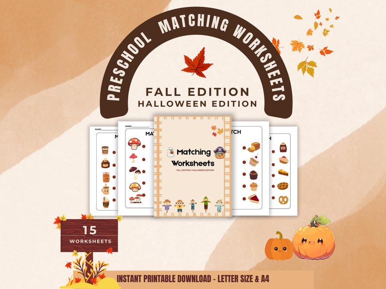 Fall & Halloween Themed Preschool Matching Worksheets, Kindergarten ...