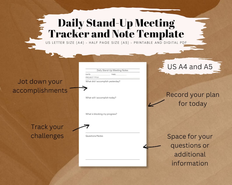 Daily Stand-up Meeting Tracker and Notes Template (printable and ...
