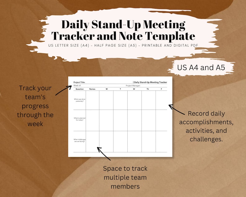 Daily Stand-up Meeting Tracker and Notes Template (printable and ...