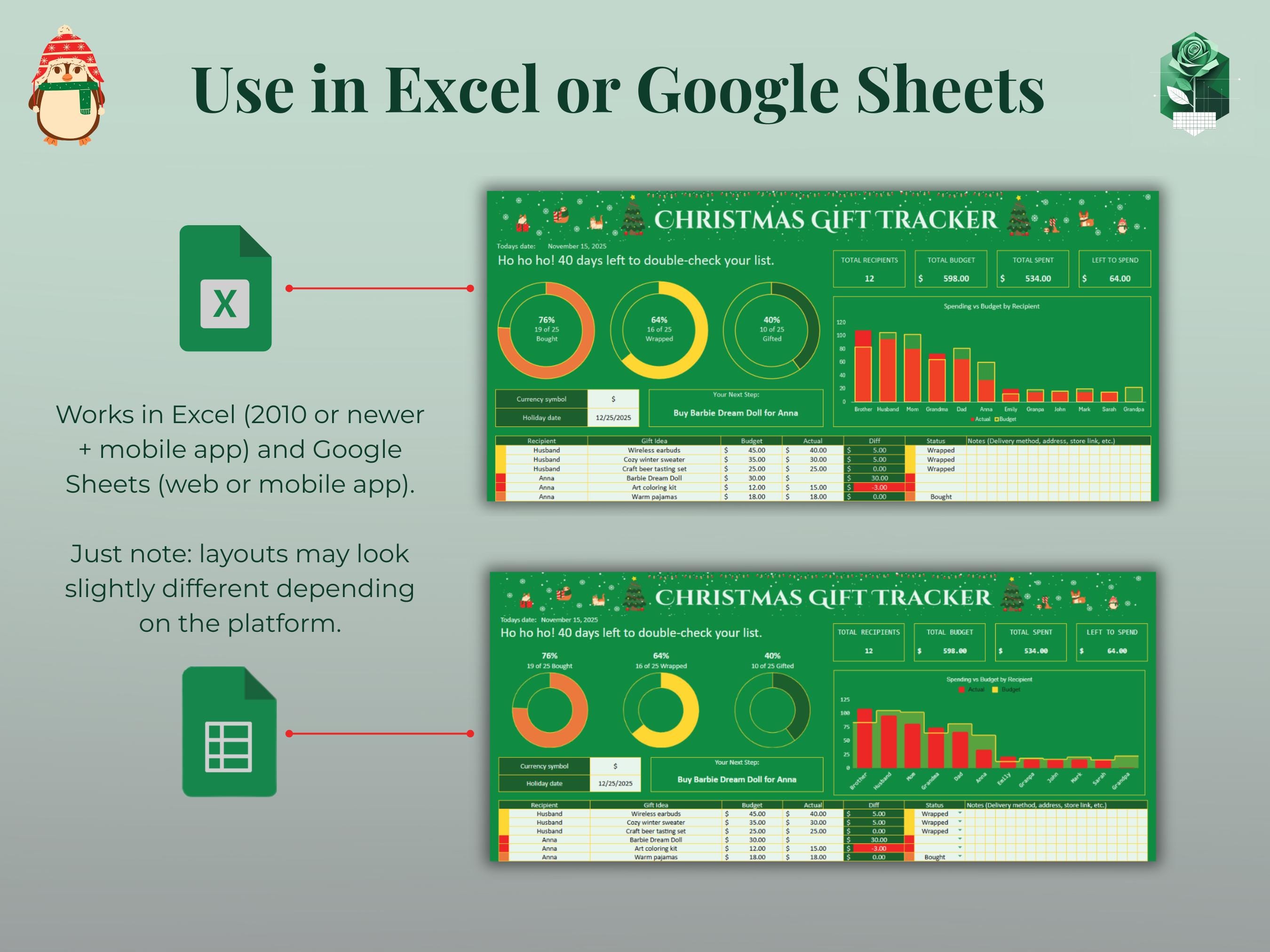 Christmas Gift Tracker Spreadsheet Excel Template – Excel & Google ...