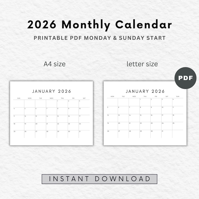 2026 Monthly Calendar, Monthly Planner Printable, Monthly Calendar, A4 ...
