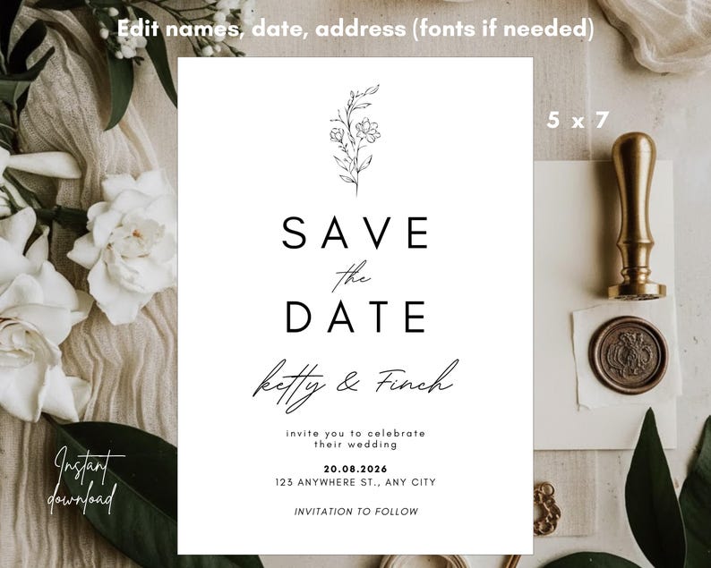 Minimalist Floral Save the Date Template, Modern Wedding Invitation ...