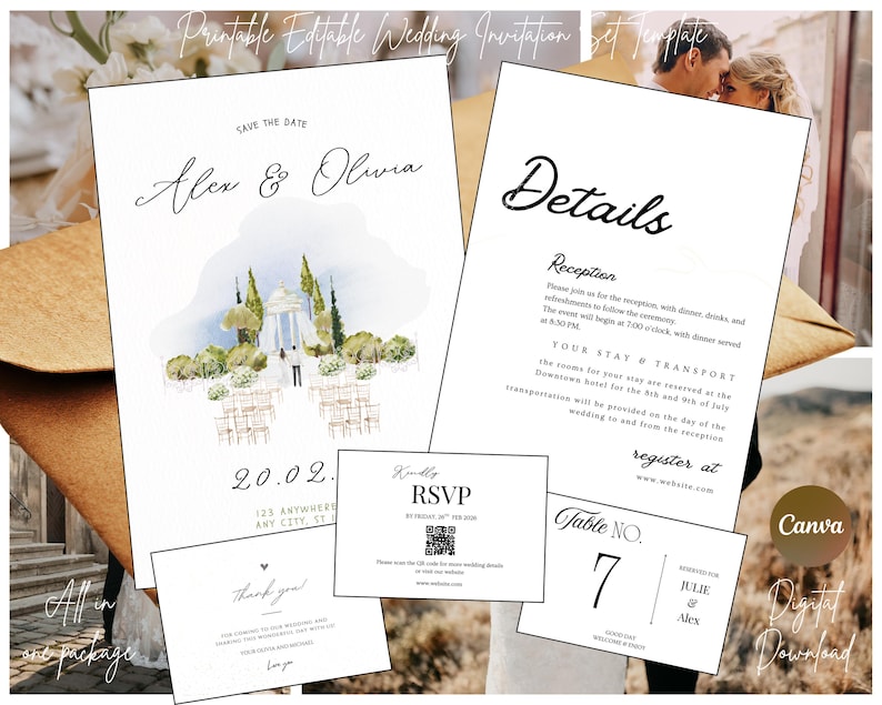 Printable Wedding Invitation Card Set, Editable RSVP, Details, Table No ...