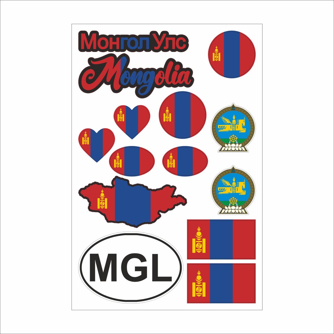 Mongolia Sticker Set – 14 Vinyl Decals, Flag, Map, MGL Code - Etsy