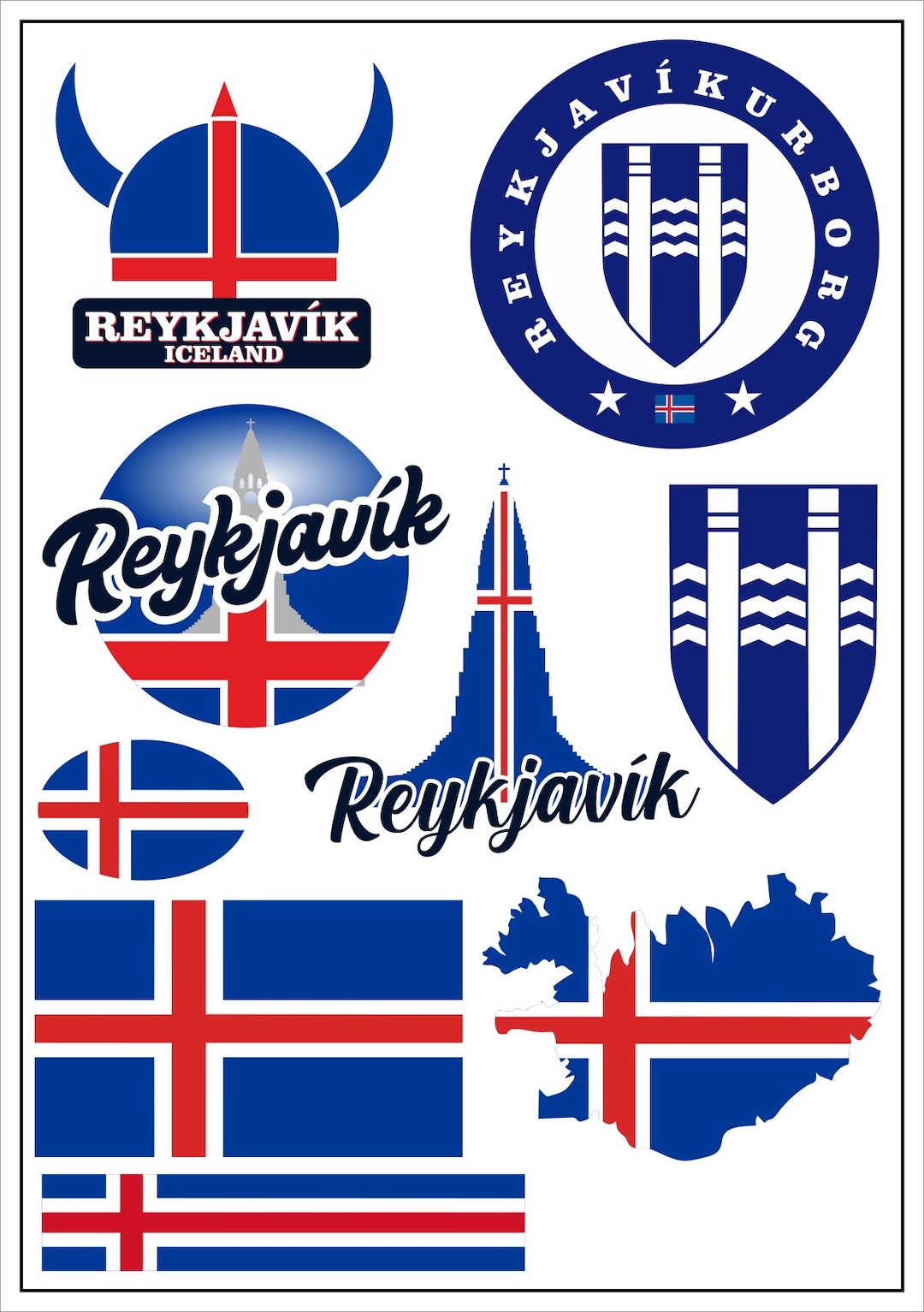 Reykjavik Iceland Sticker Set 9x – Flag Decal Car Motocyle PC Notebook ...