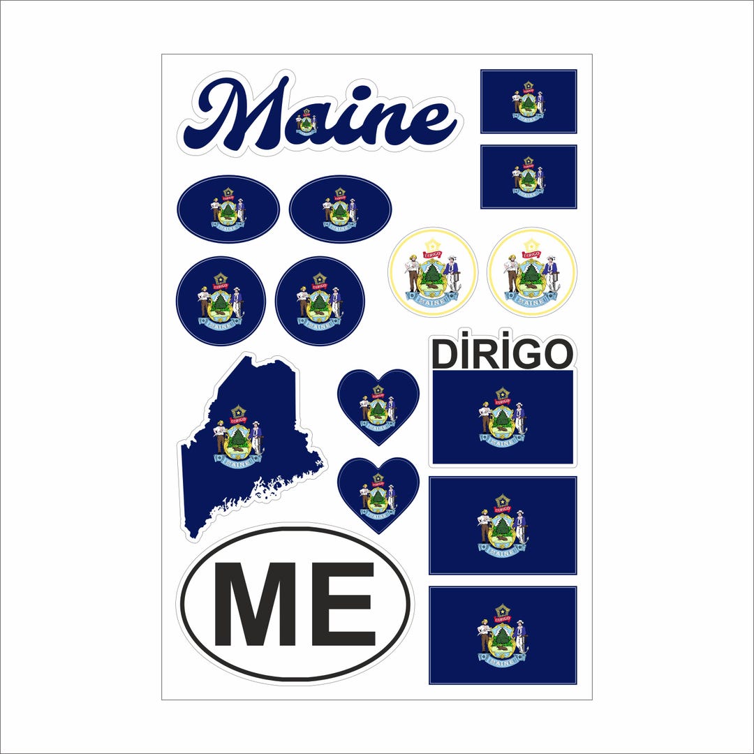 Maine Sticker Set–16 Vinyl Decals, Flag, Map, ME Code, Maine Emblem ...