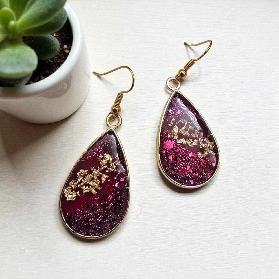 Magenta & Gold Resin Teardrop Earrings – Handmade Glitter Drop Earrings ...