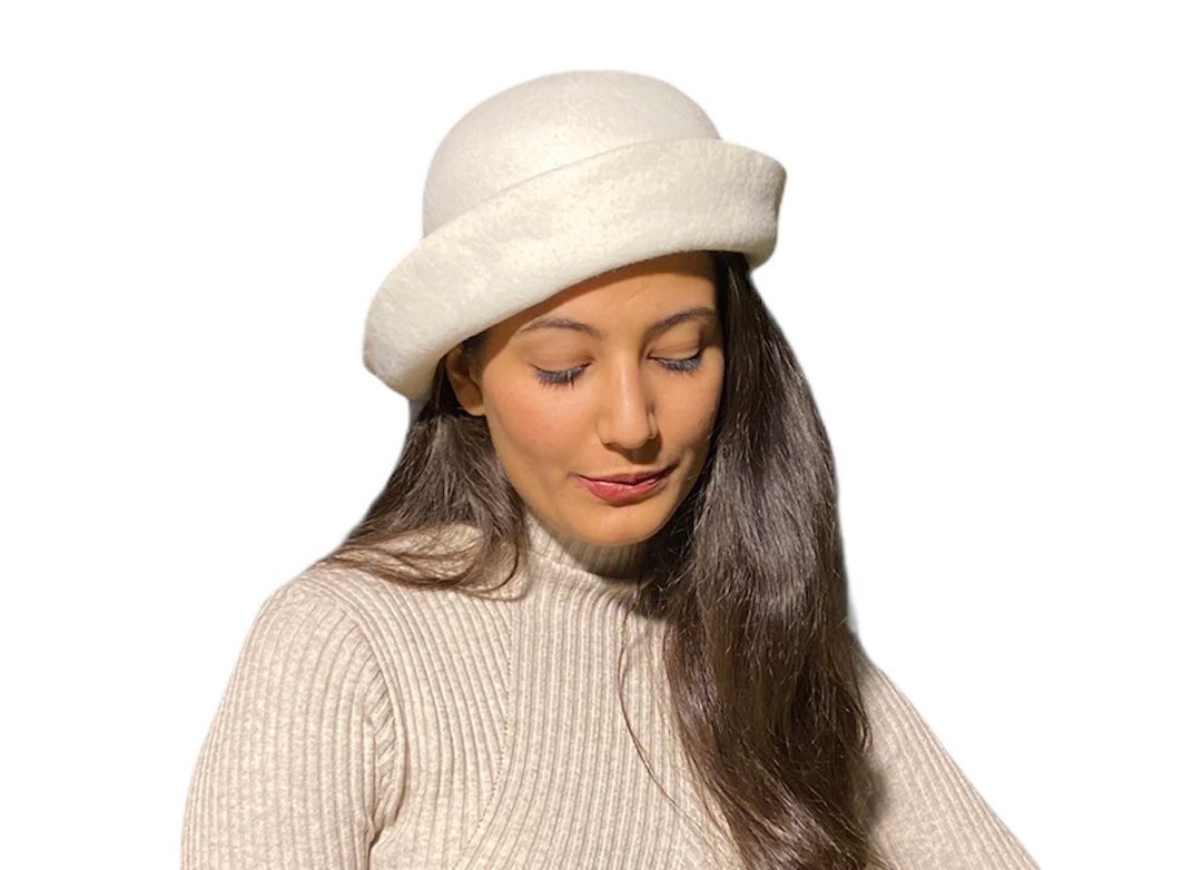 Winter Cloche Hat for Women/ Ivory Winter Hat/ White Felt Hat/ Short ...