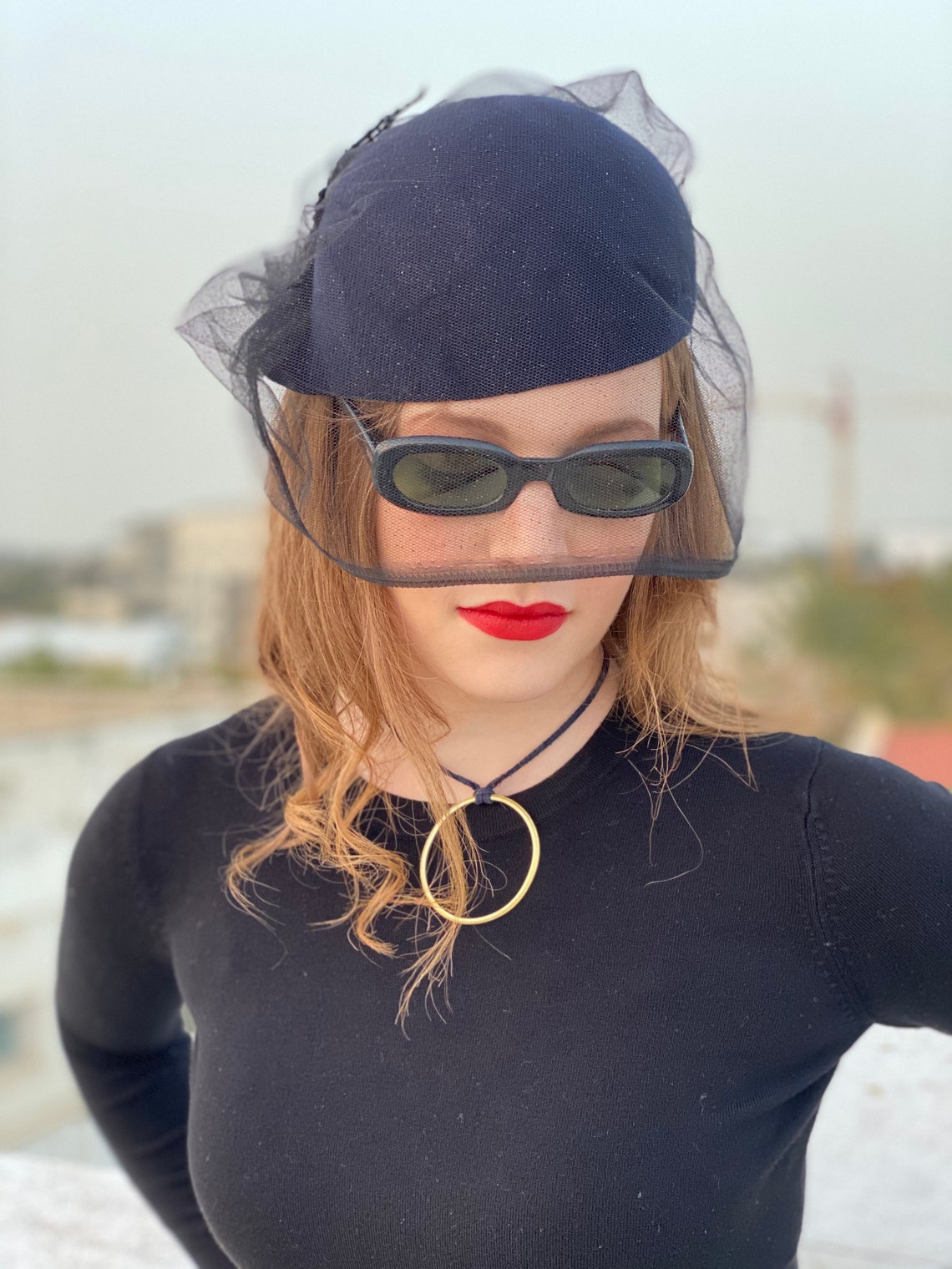 Black Funeral Hat With Veil/ Felt Funeral Hat/ Mourning Veil/ Veiled ...