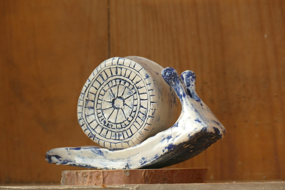 Ceramic Snail Sculpture – Blue & White Pottery Figurine – Cottagecore ...