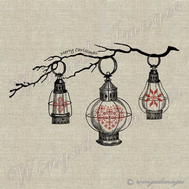 Tree Branch Christmas Lanterns Instant Download Digital Image No 210 Iron On Transfer To