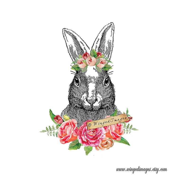 Floral Rabbit. Instant Download Digital Image No.400 Iron-on - Etsy