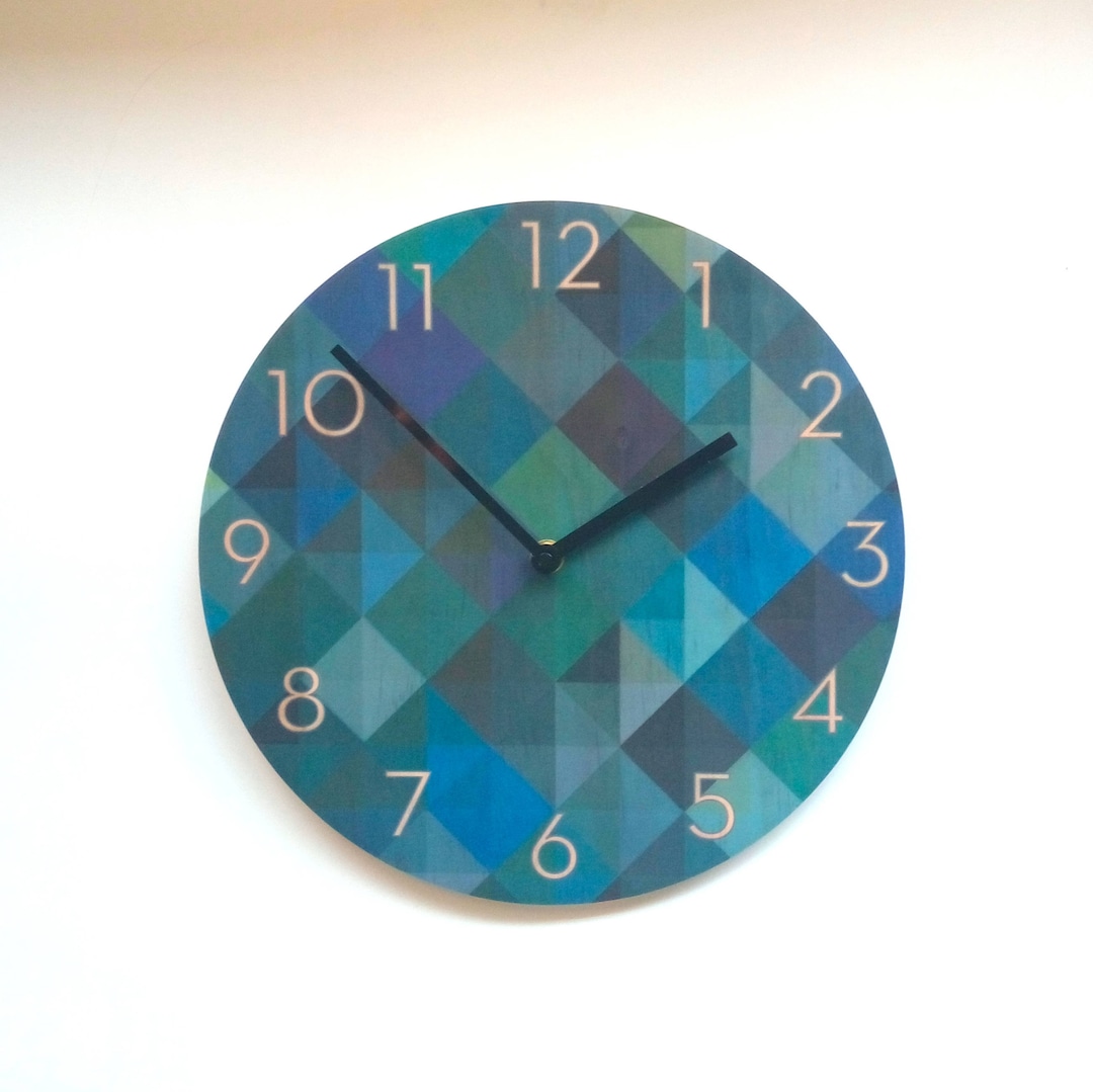 Grid2 Blue Wooden Wall Clock With Numbers. Unique Colourful Mid Century ...