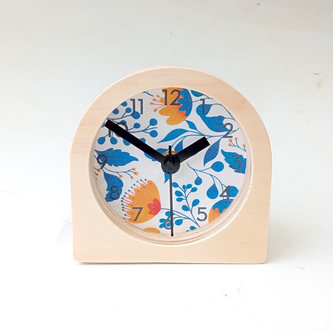 Blue Floral Wooden Desk Clock: Modern Silent Analog Clock - Etsy