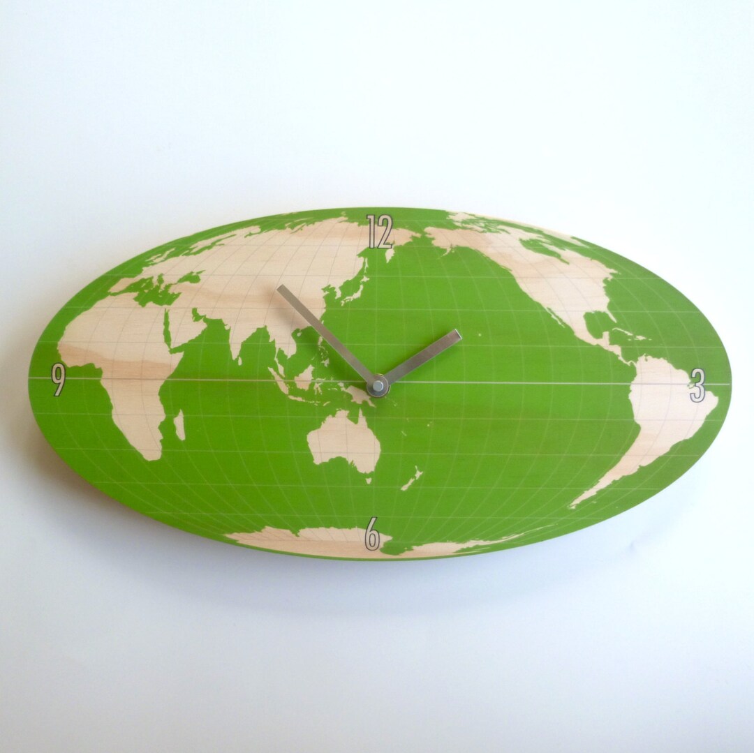 Oval World Map Wooden Clock - Green. Unique Colourful Mid Century ...