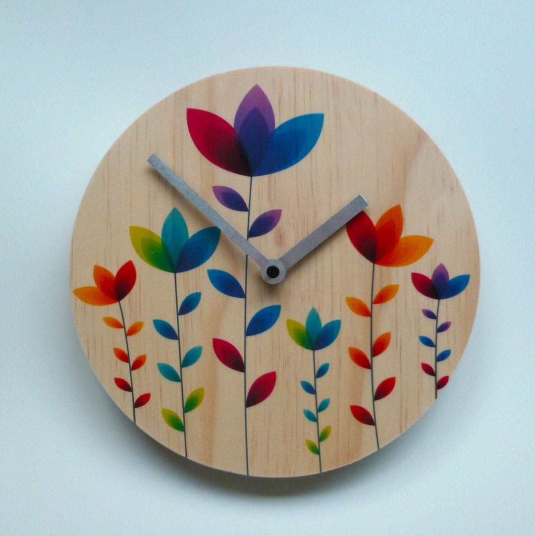 Rainbow Blooms Wooden Wall Clock: Modern Floral Home Decor - Etsy