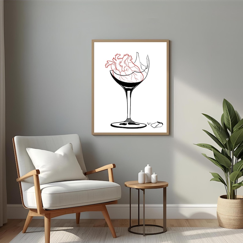 Anatomical Heart in Broken Glass Art Print, Surreal Line Art Wall Decor ...