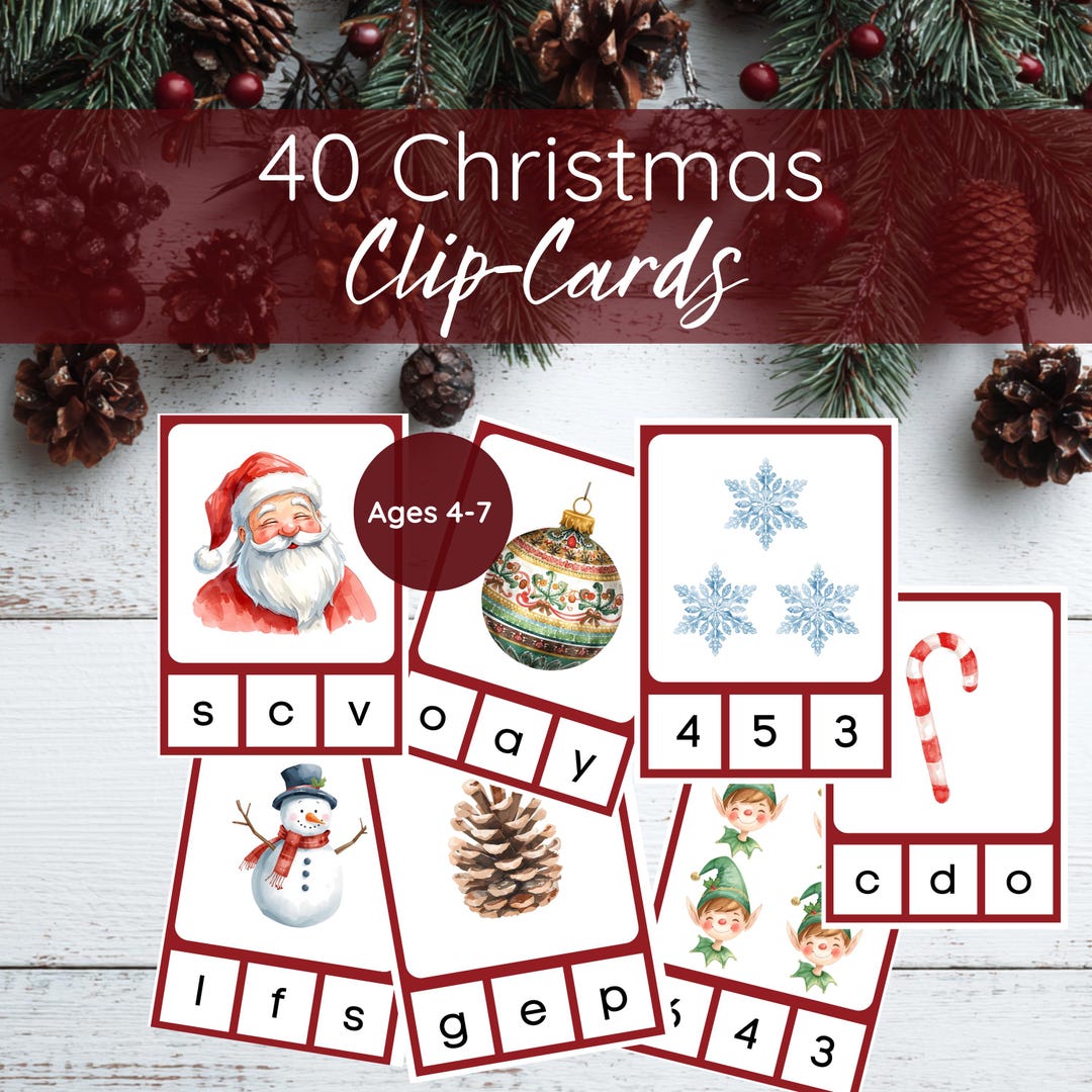 Printable Christmas Clip Cards for Kids Letters Sounds and Counting ...