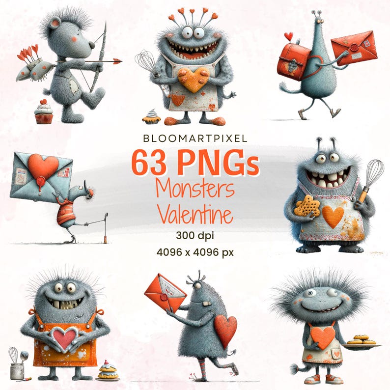 Valentine Monster Clipart, Fuzzy Love Creatures, Funny PNG (digital ...