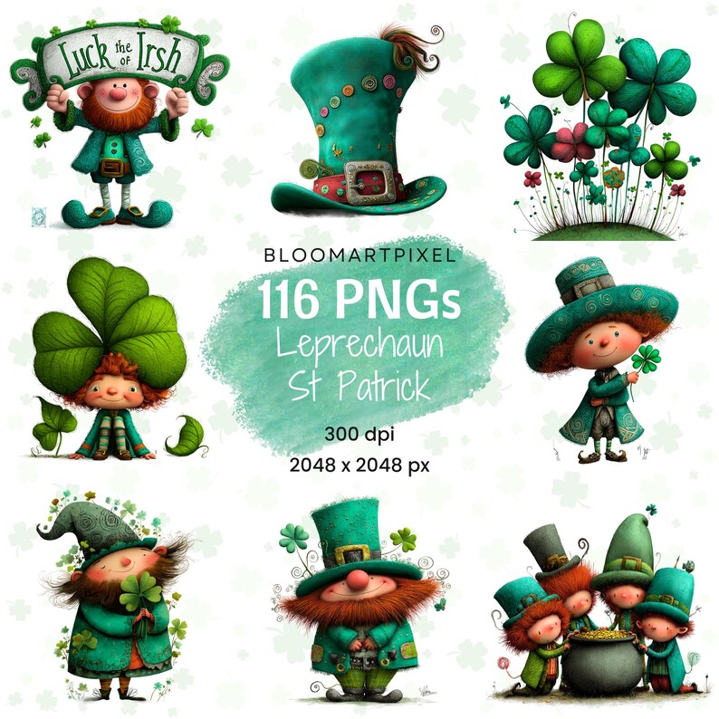 116 Whimsical Leprechaun Clipart Bundle St Patricks Day PNG Shamrock ...