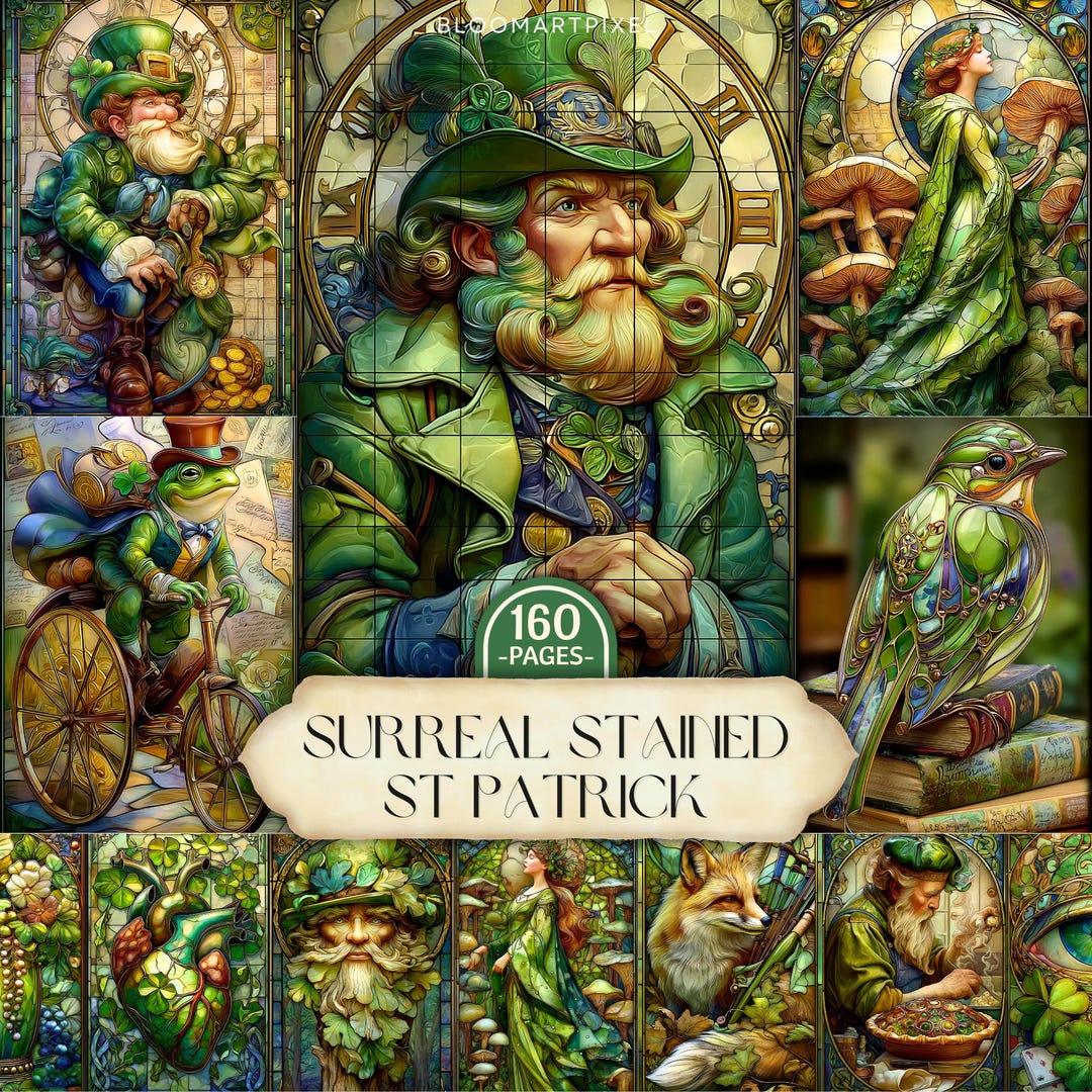 Surreal St Patrick Stained Glass Junk Journal Kit Fantasy Clipart ...