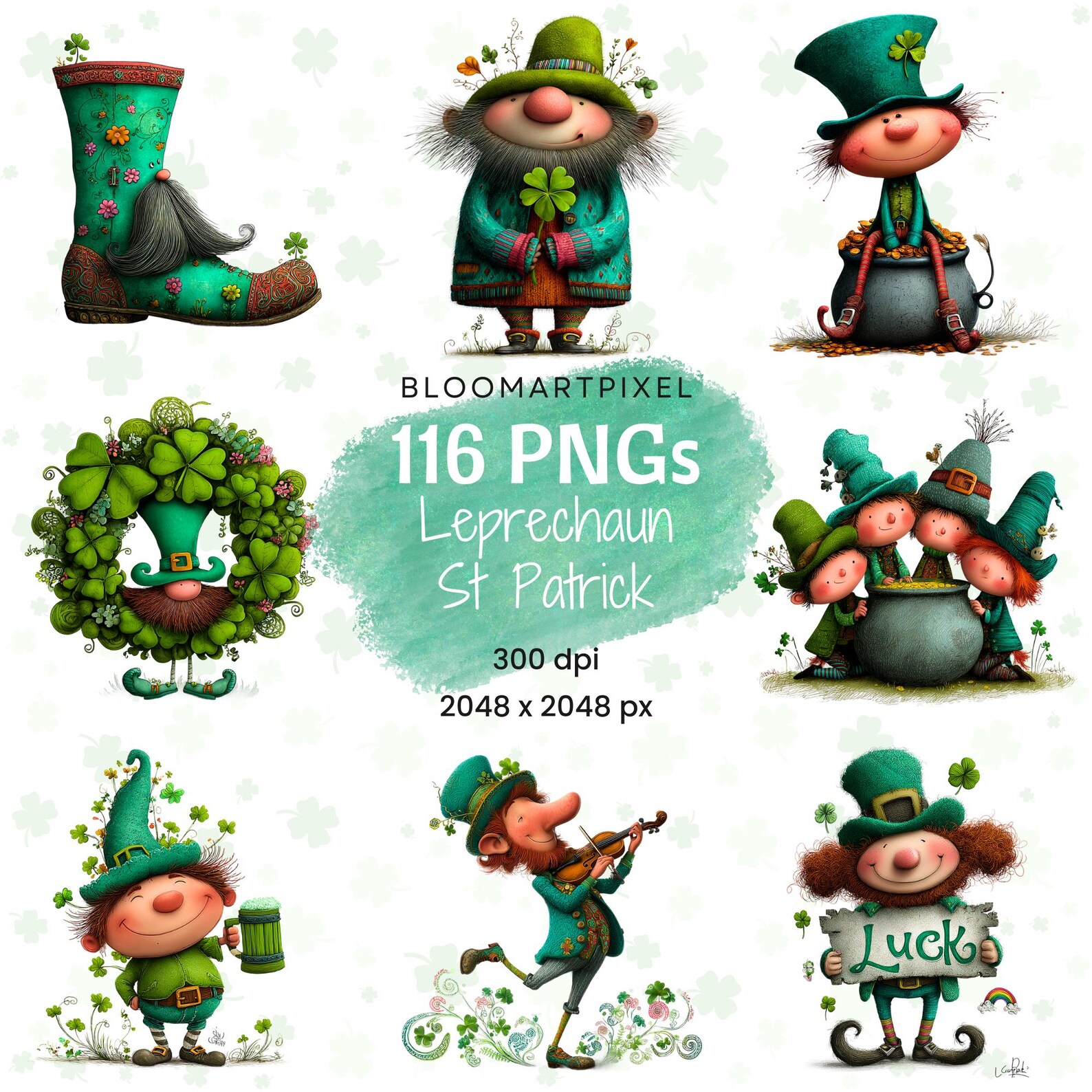 116 Whimsical Leprechaun Clipart Bundle St Patricks Day PNG Shamrock ...