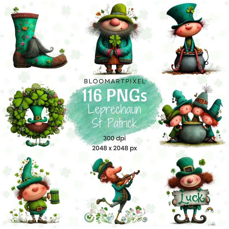 116 Whimsical Leprechaun Clipart Bundle St Patricks Day PNG Shamrock ...
