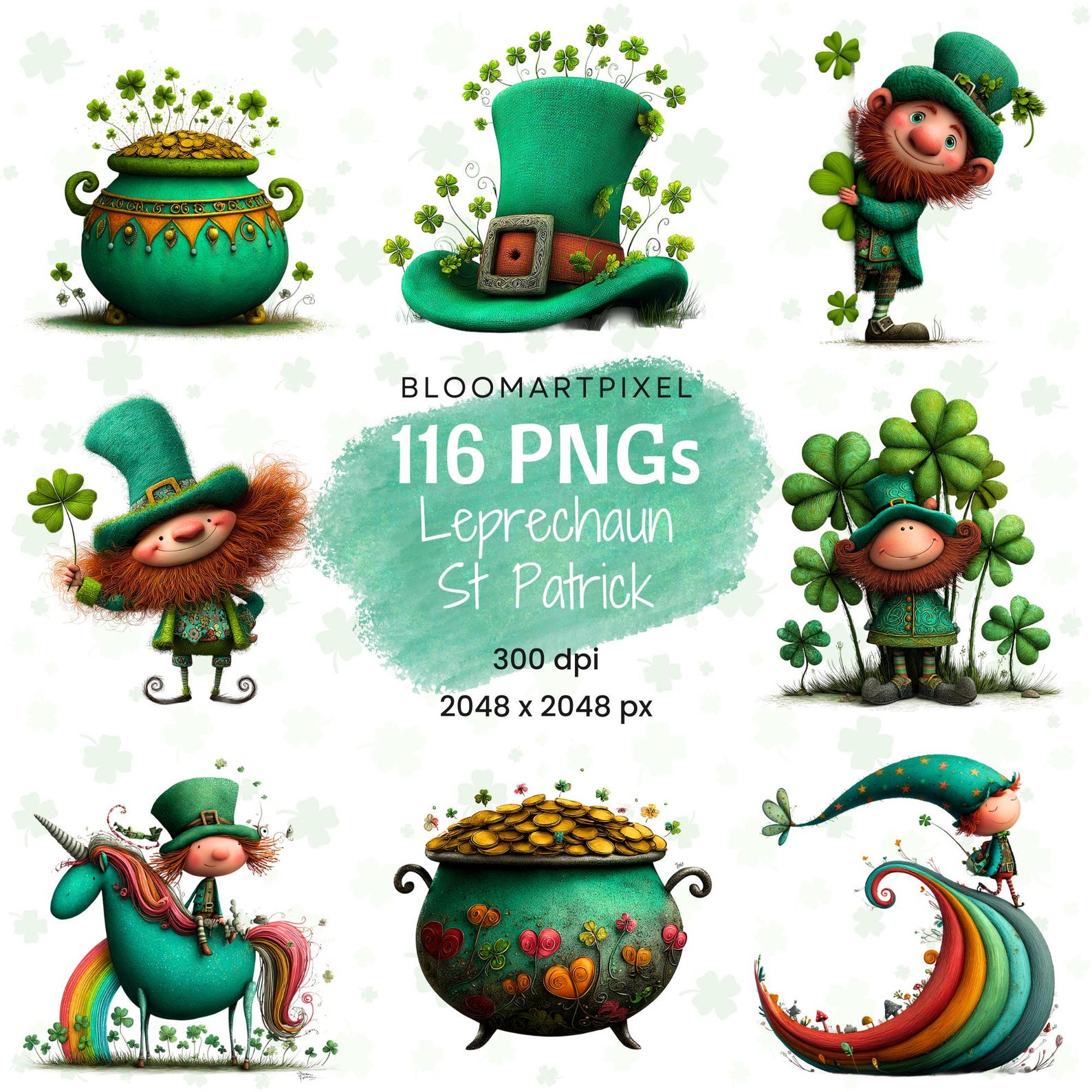 116 Whimsical Leprechaun Clipart Bundle St Patricks Day PNG Shamrock ...