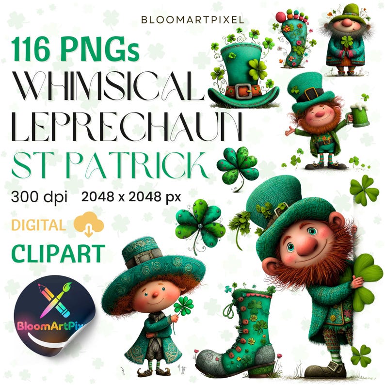 116 Whimsical Leprechaun Clipart Bundle St Patricks Day PNG Shamrock ...