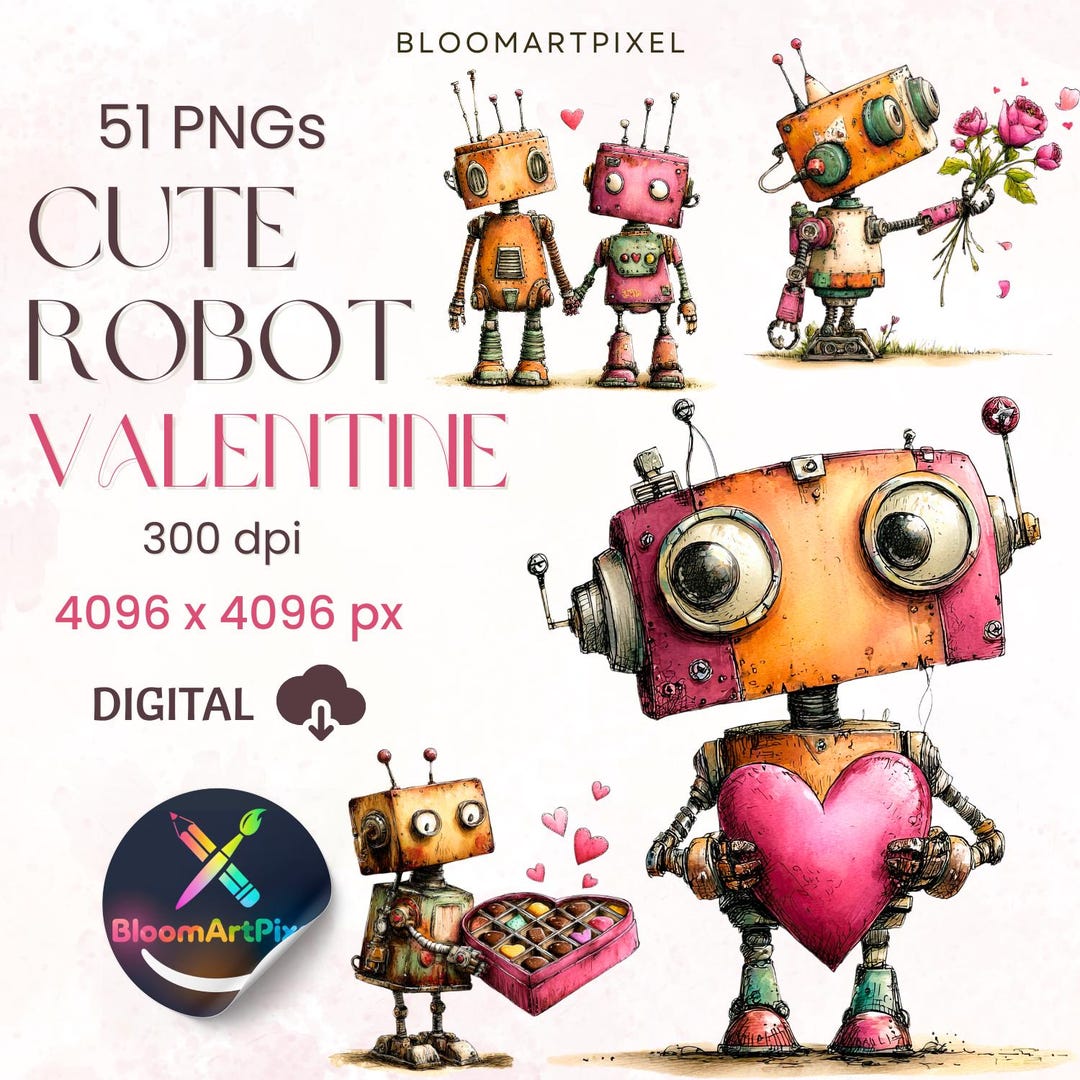 Cute Robot Valentine PNG Bundle, Watercolor Love Bot Clipart, Retro ...