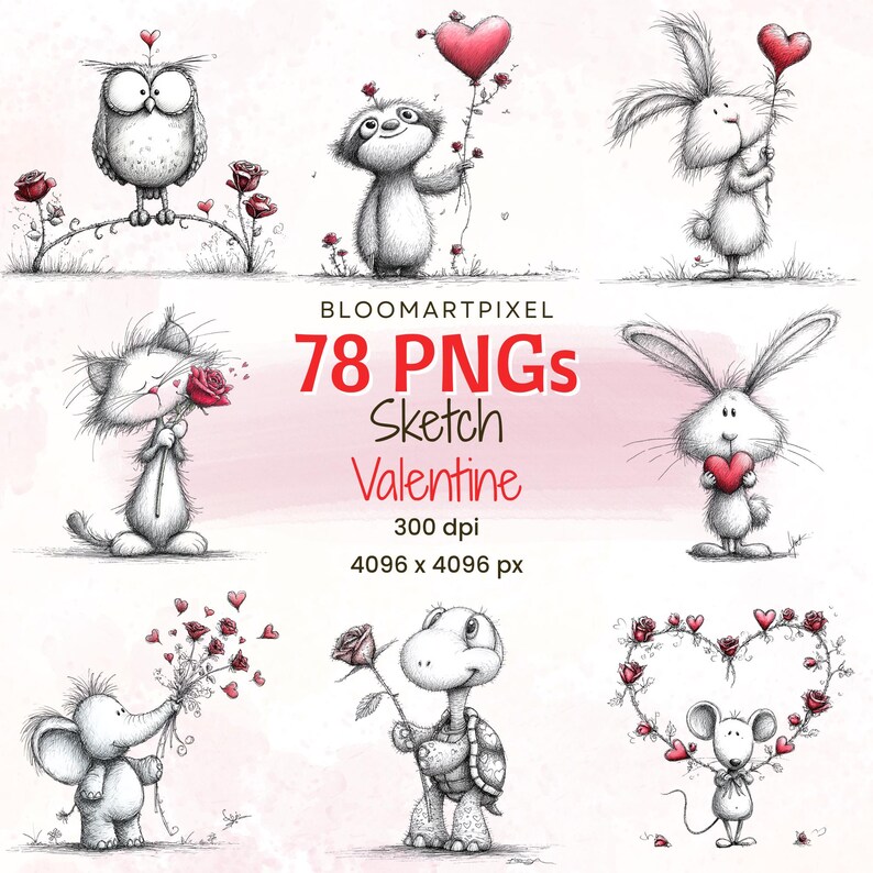 Valentine Animals Sketch Clipart PNG Bundle (digital Download) - Etsy