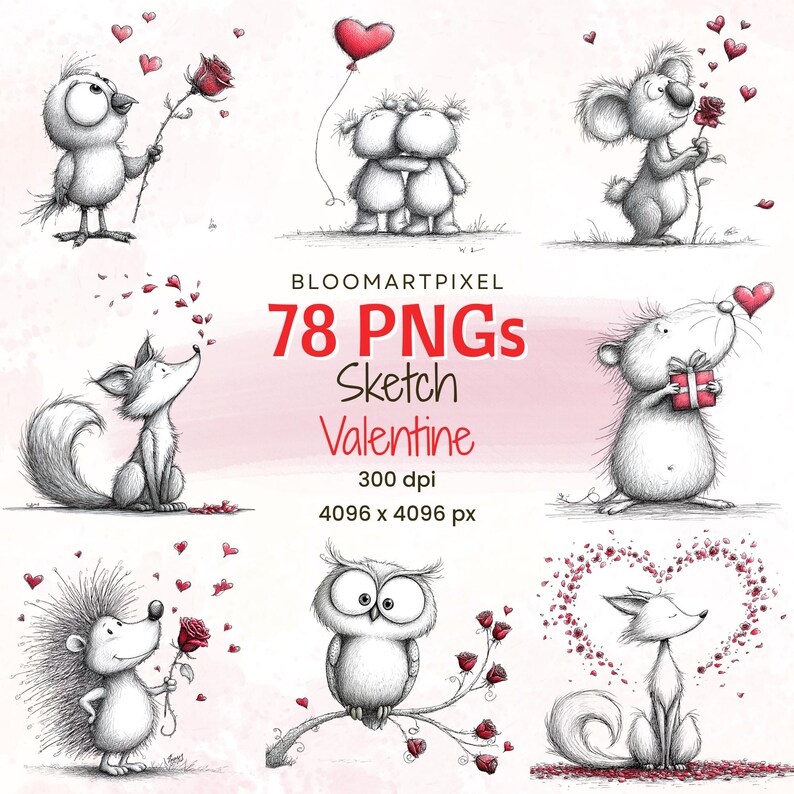 Valentine Animals Sketch Clipart PNG Bundle (digital Download) - Etsy