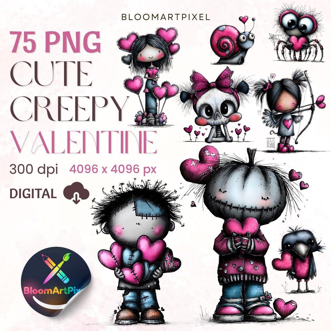 Cute Creepy Valentine PNG Bundle, Spooky Goth Love Clipart, Skeleton ...