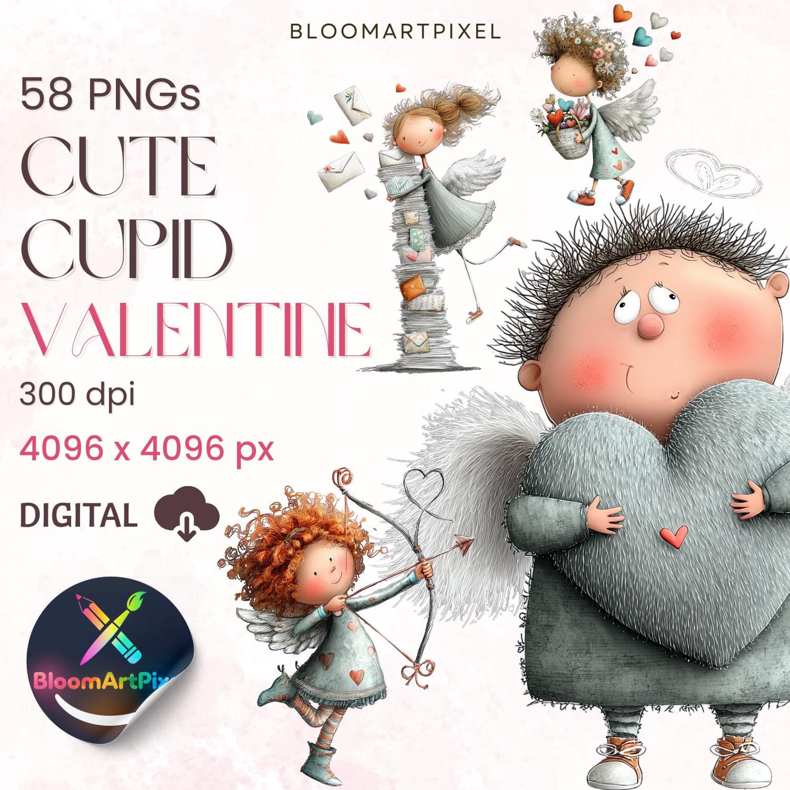 Cute Cupid Valentine PNG Bundle, Whimsical Angel Clip Art, Love Heart ...