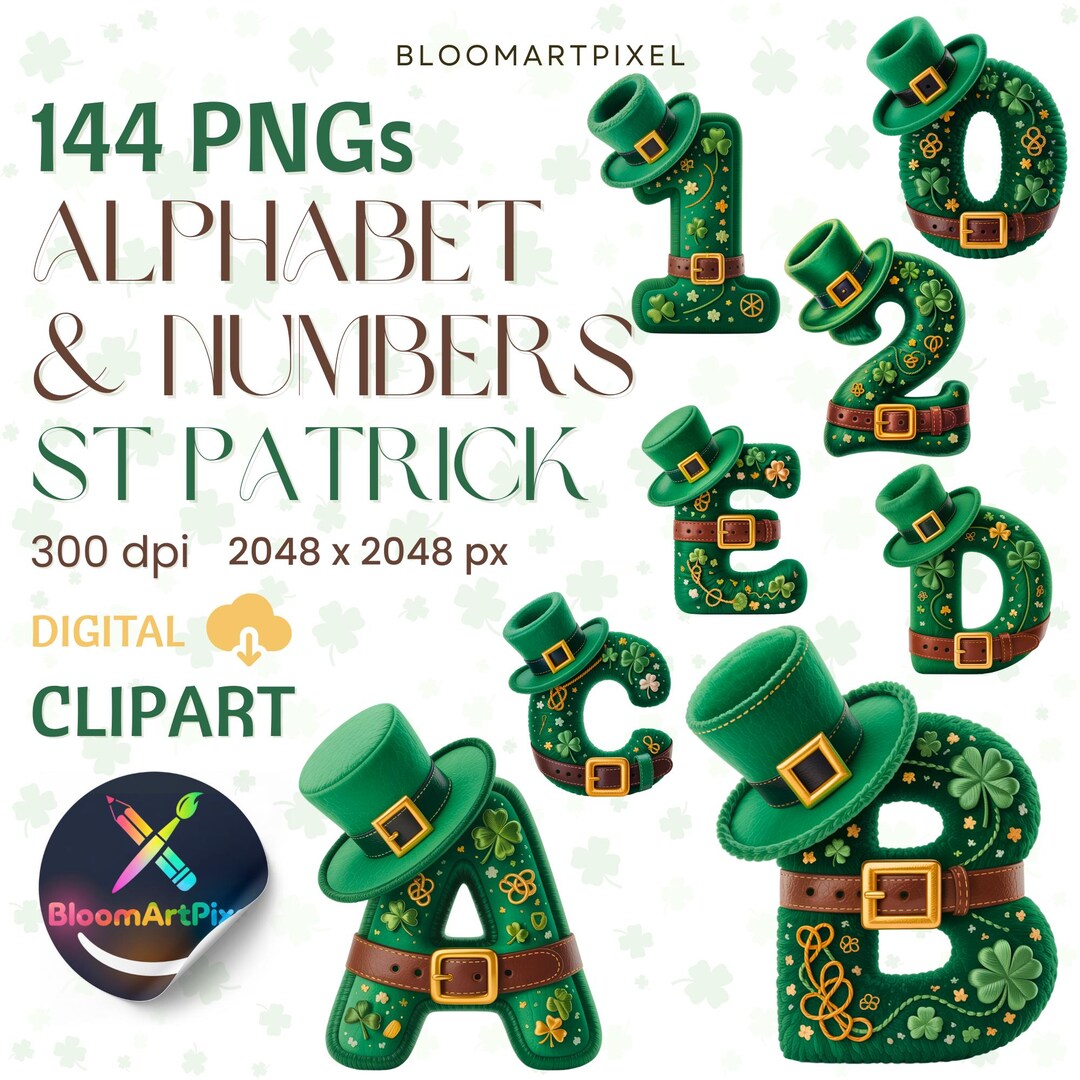 St Patricks Day Alphabet PNG Bundle 3D Letter Number Clipart Shamrock ...