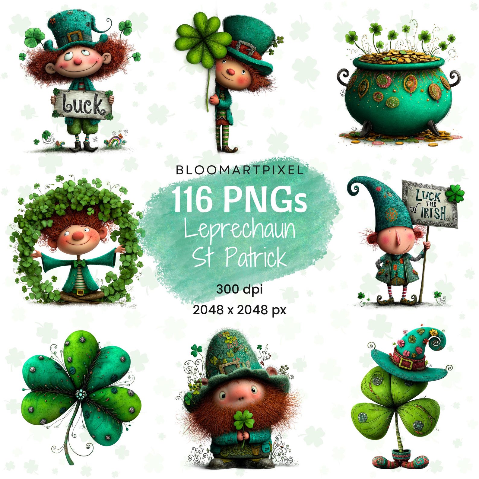 116 Whimsical Leprechaun Clipart Bundle St Patricks Day PNG Shamrock ...