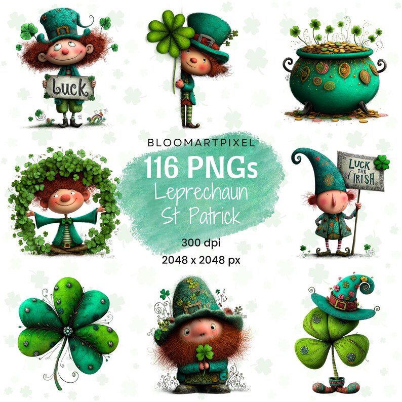 116 Whimsical Leprechaun Clipart Bundle St Patricks Day PNG Shamrock ...