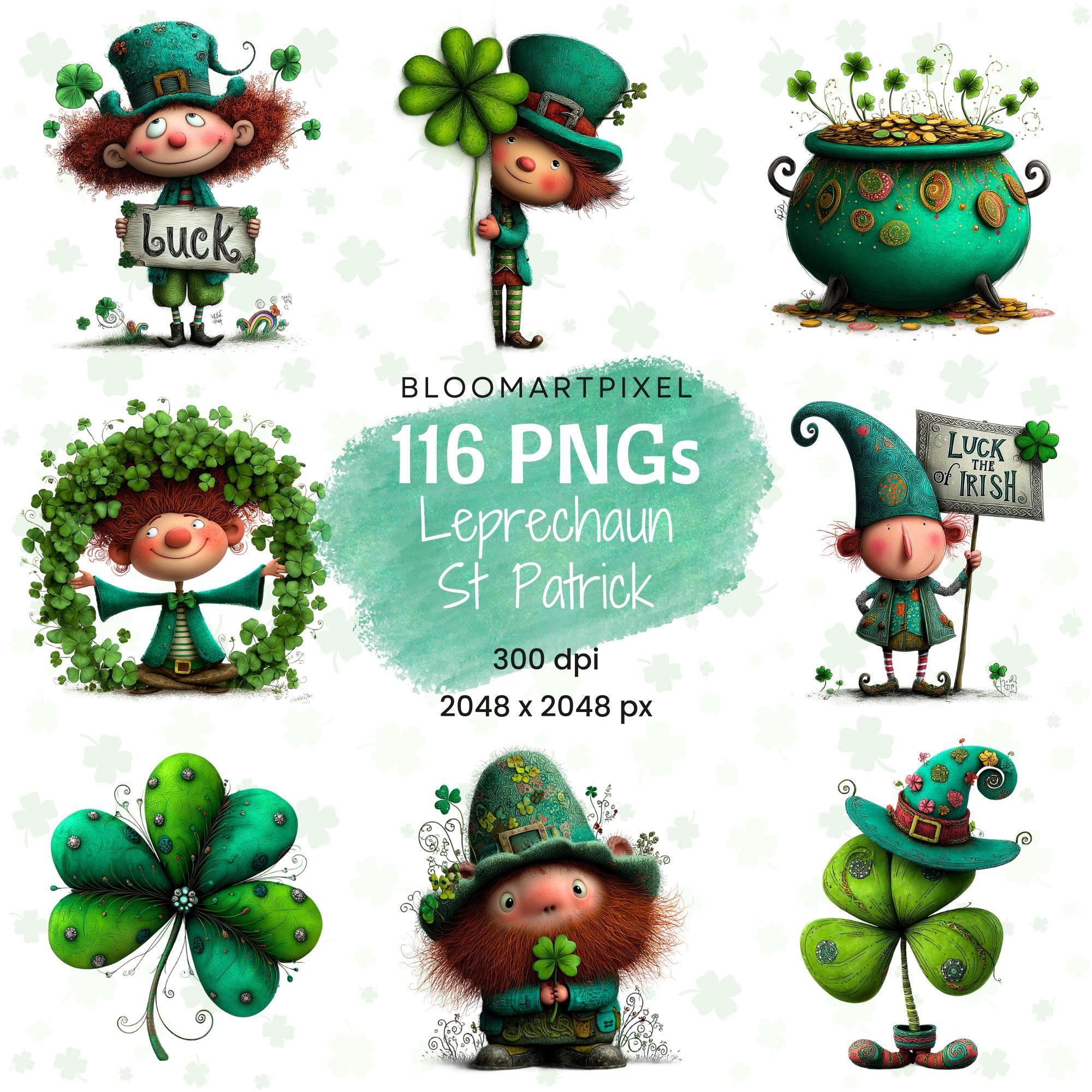 116 Whimsical Leprechaun Clipart Bundle St Patricks Day PNG Shamrock ...