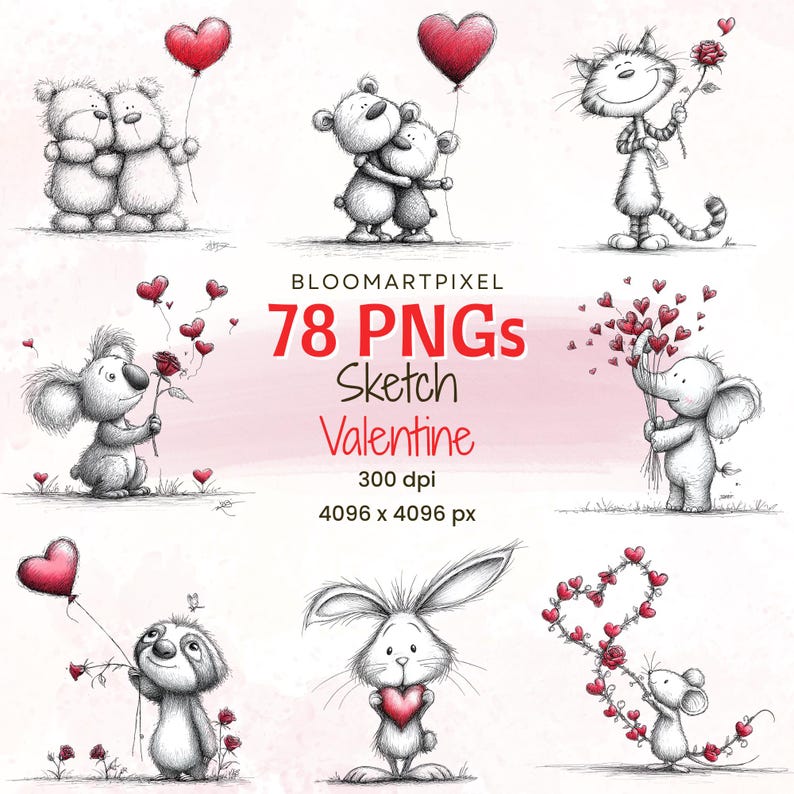 Valentine Animals Sketch Clipart PNG Bundle (digital Download) - Etsy