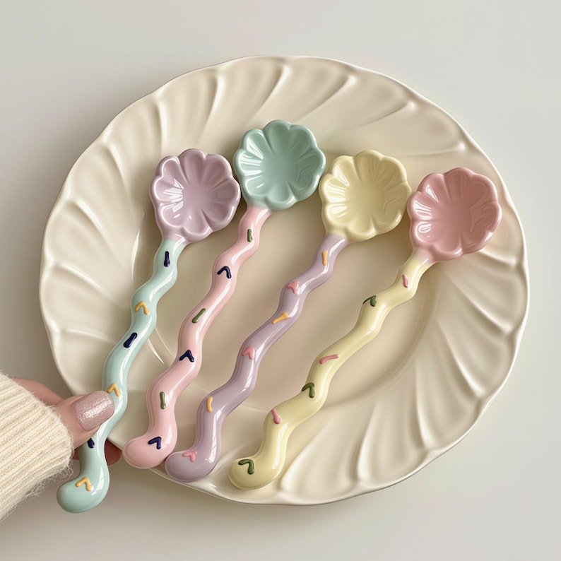 Whimsical Wavy Handle Flower Ceramic Spoon | Pastel Dessert & Coffee ...