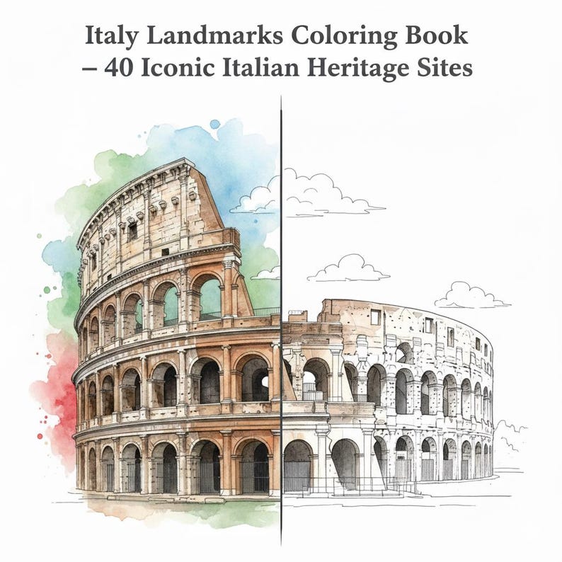 Italy Landmarks Coloring Book Cover - Colosseum Italy Printable | Adult ...