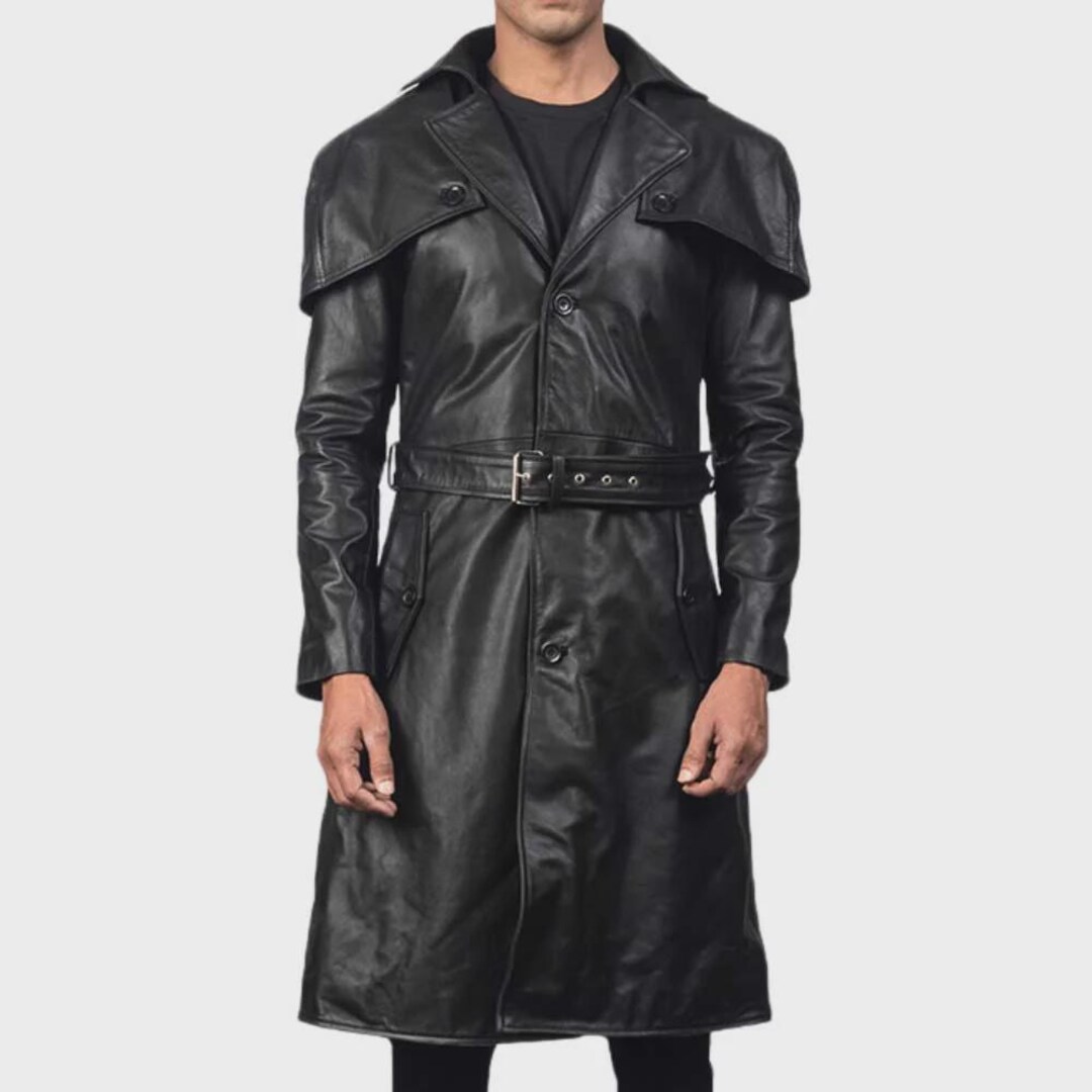 Handmade Black Leather Duster Coat for Men – Long Belted Trench ...