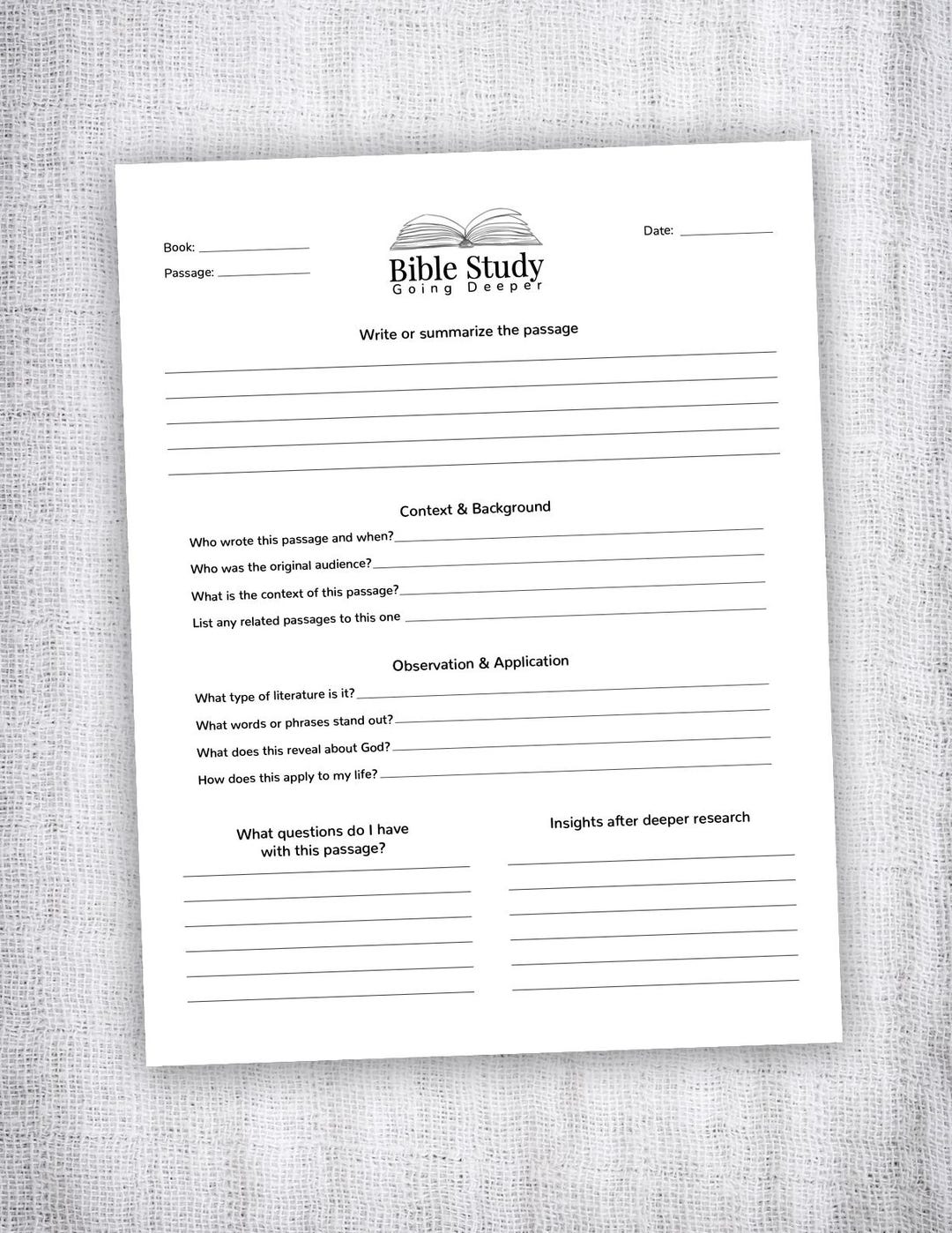 Bible Study Worksheet | In-depth Scripture Context Template (digital ...