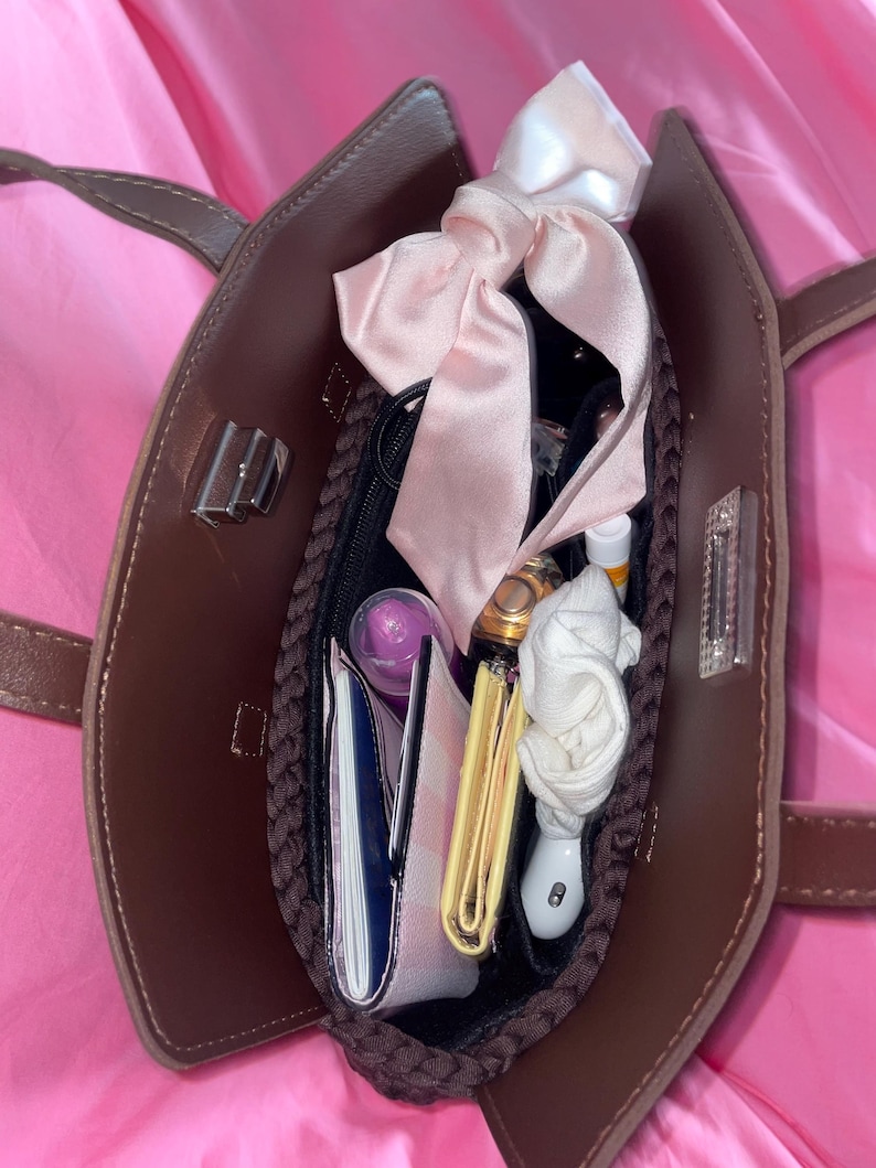 Chocolate Brown Crochet Tote Bag | Leather-look Handles, Zipper Pocket ...